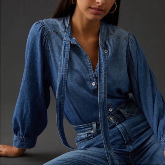 Pilcro | Tops | Pilcro Anthropologie Denim Shirt Size Small Tie Neck ...